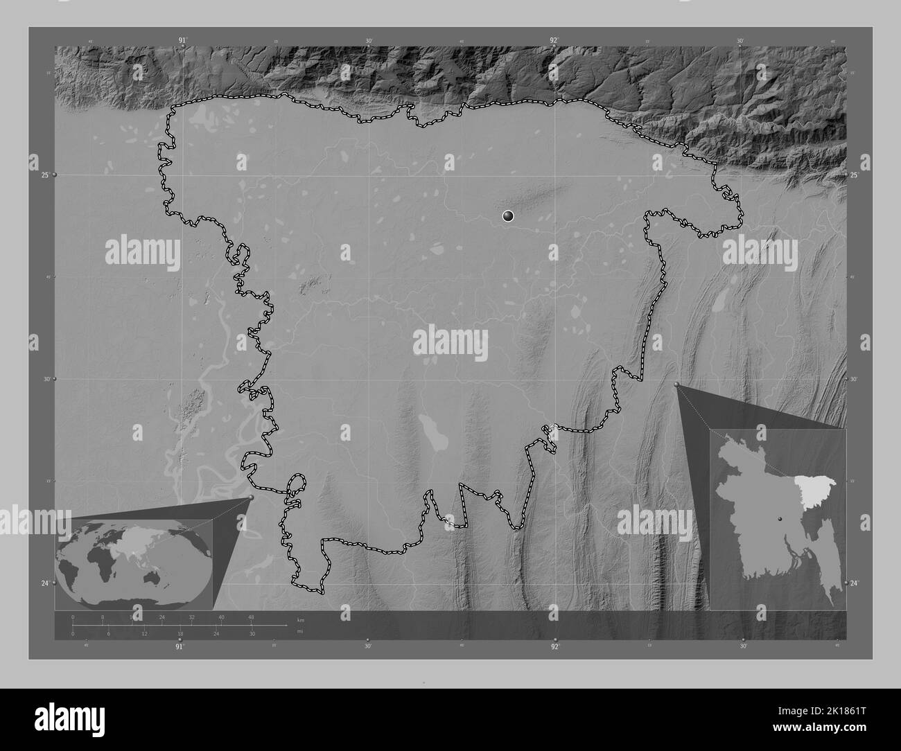 Sylhet, division of Bangladesh. Grayscale elevation map with lakes and ...