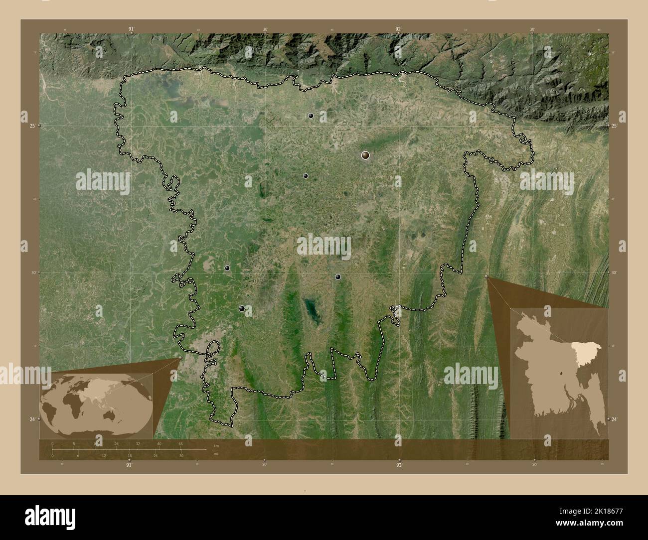 Sylhet, division of Bangladesh. Low resolution satellite map. Locations ...