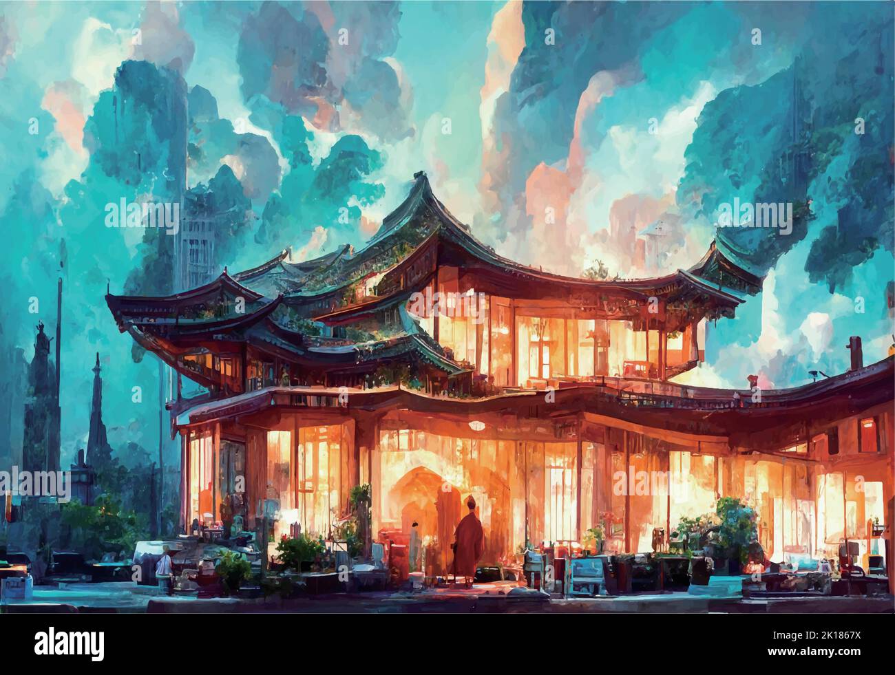 A design of an illuminated traditional asian house paint under gray ...