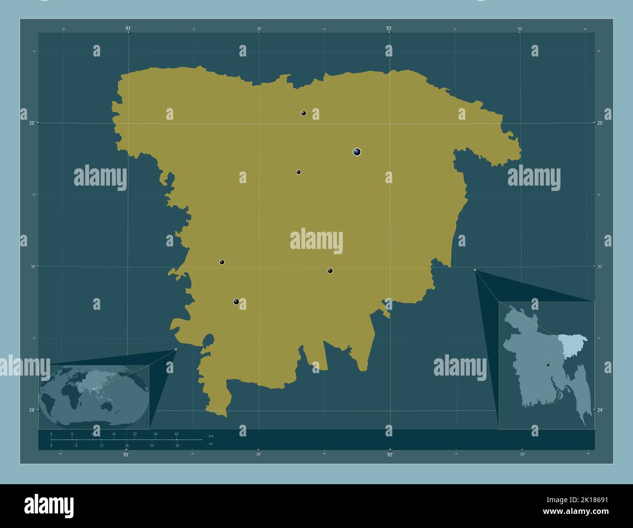 Sylhet, division of Bangladesh. Solid color shape. Locations of major ...
