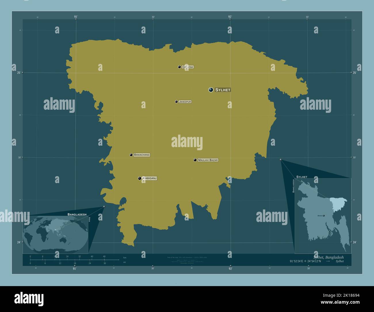 Sylhet, division of Bangladesh. Solid color shape. Locations and names ...