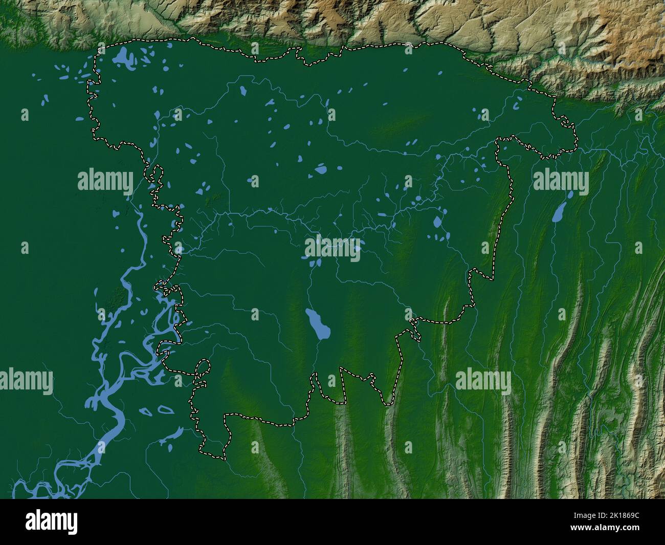 Sylhet, division of Bangladesh. Colored elevation map with lakes and ...