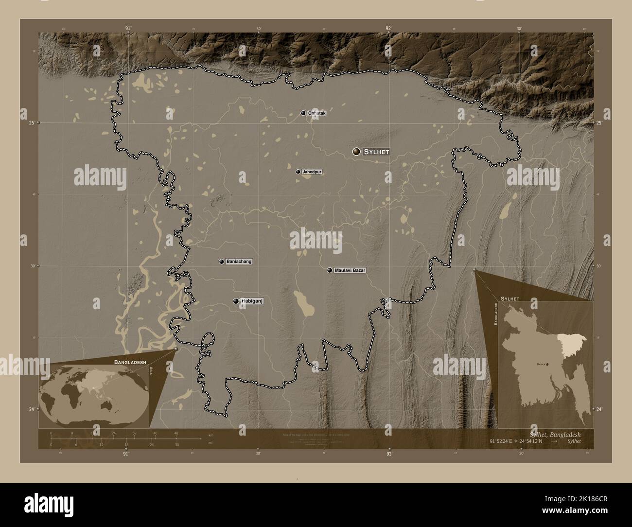 Sylhet, division of Bangladesh. Elevation map colored in sepia tones ...