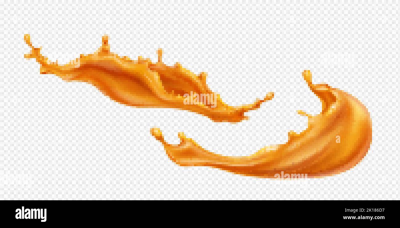 Caramel splash, sweet liquid candy swirls, wave splashing with droplets ...