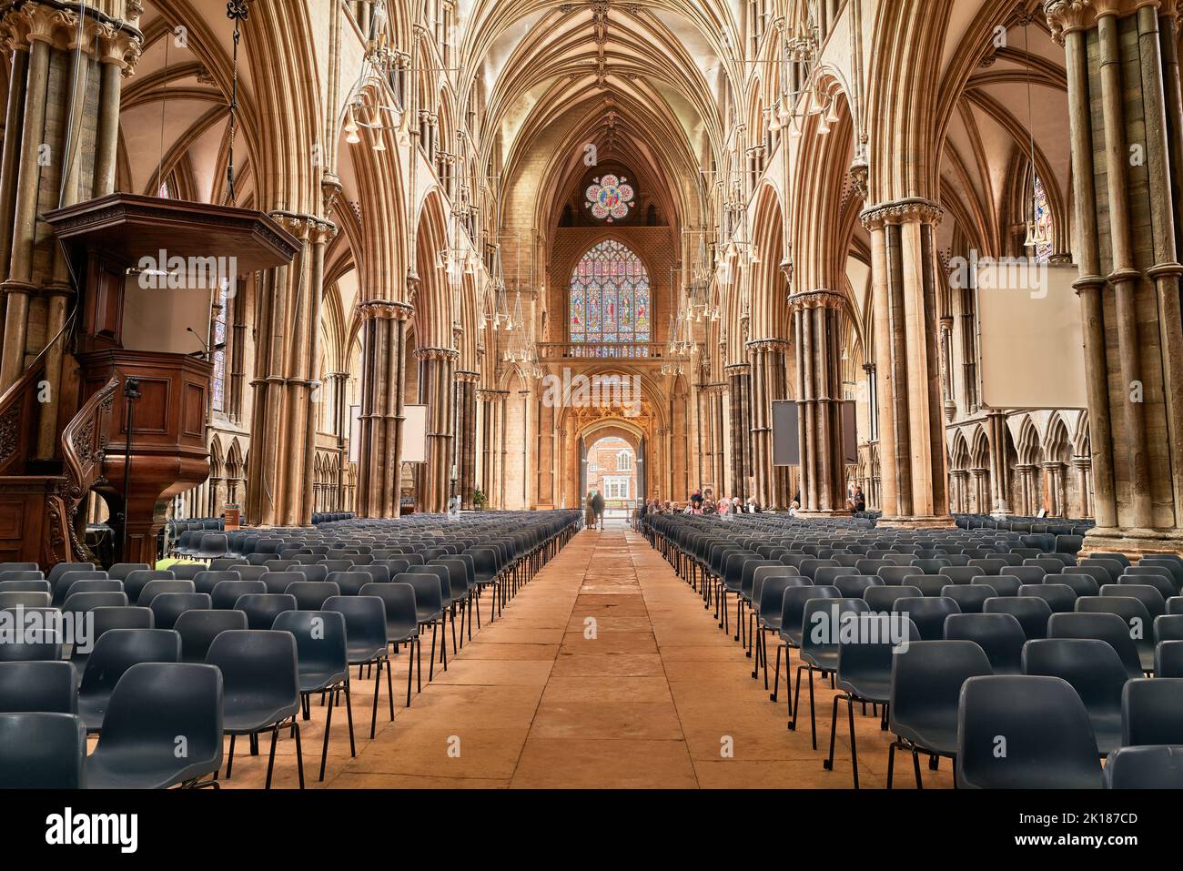 Nave at the norman built medieval christian cathedral in Lincoln ...