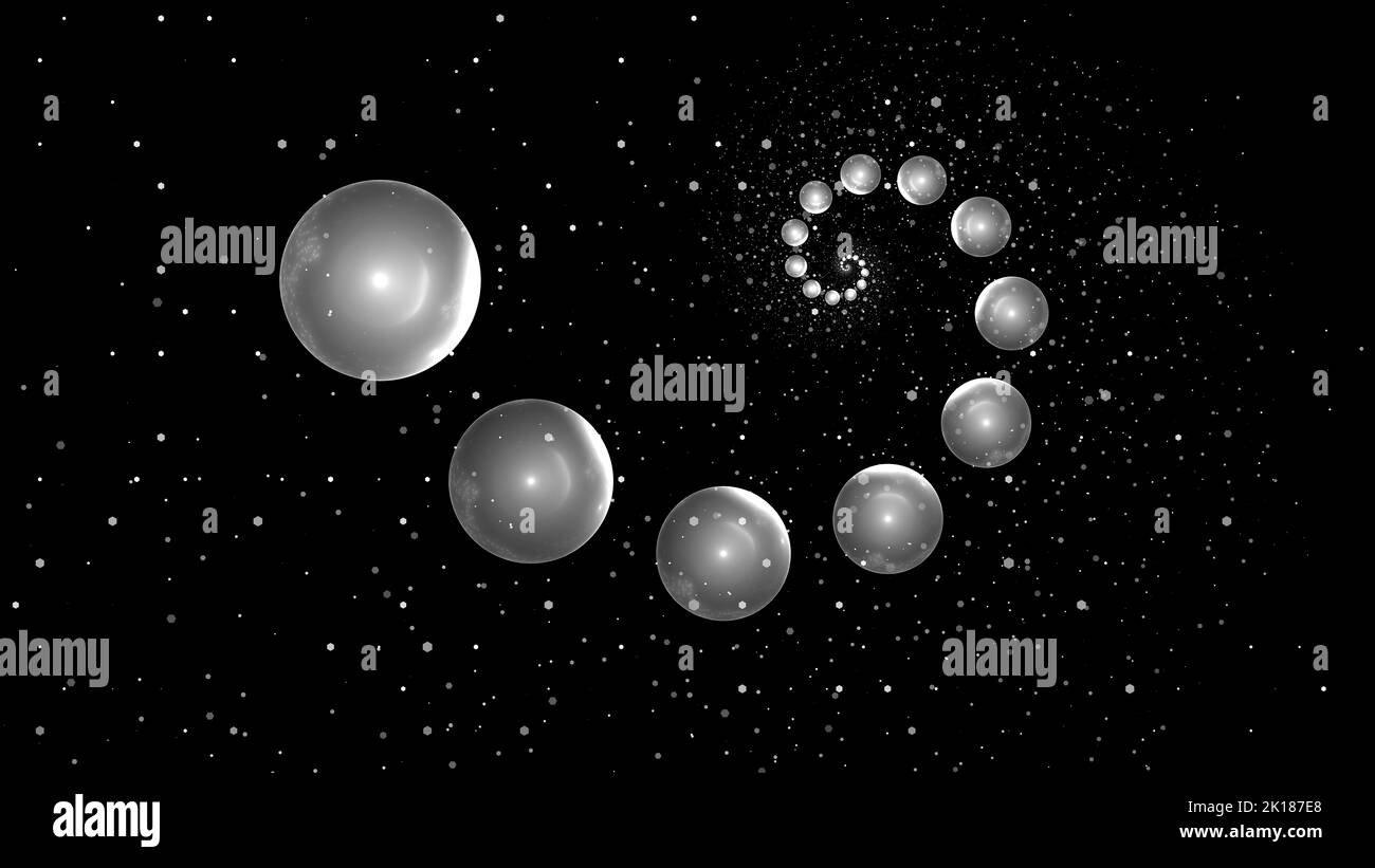 Black and white abstract celestial orbs in a backdrop of stars ...