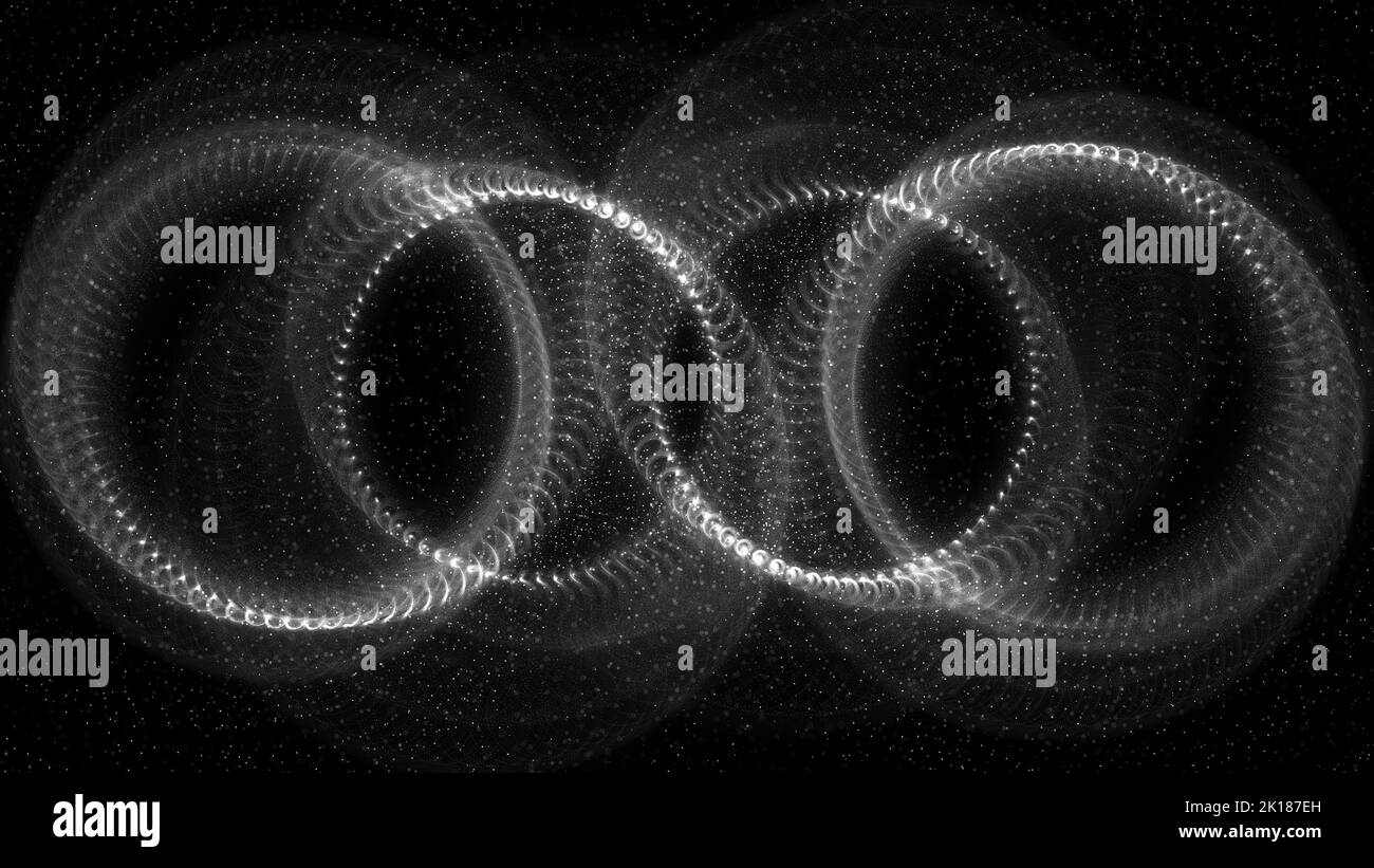 Black and white abstract celestial orbs in a backdrop of stars ...