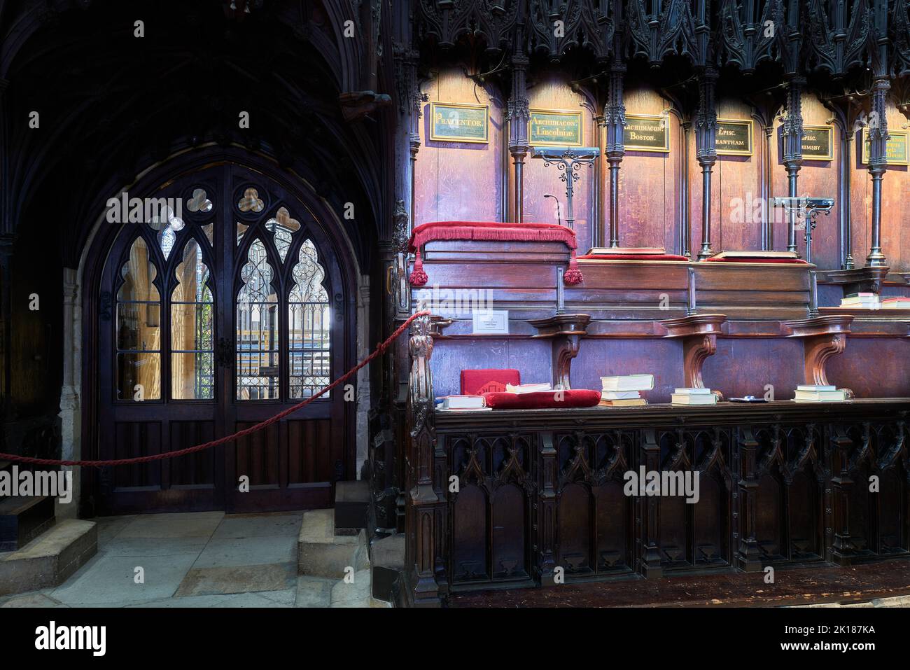 Lit benches in the choir at the norman built medieval christian ...