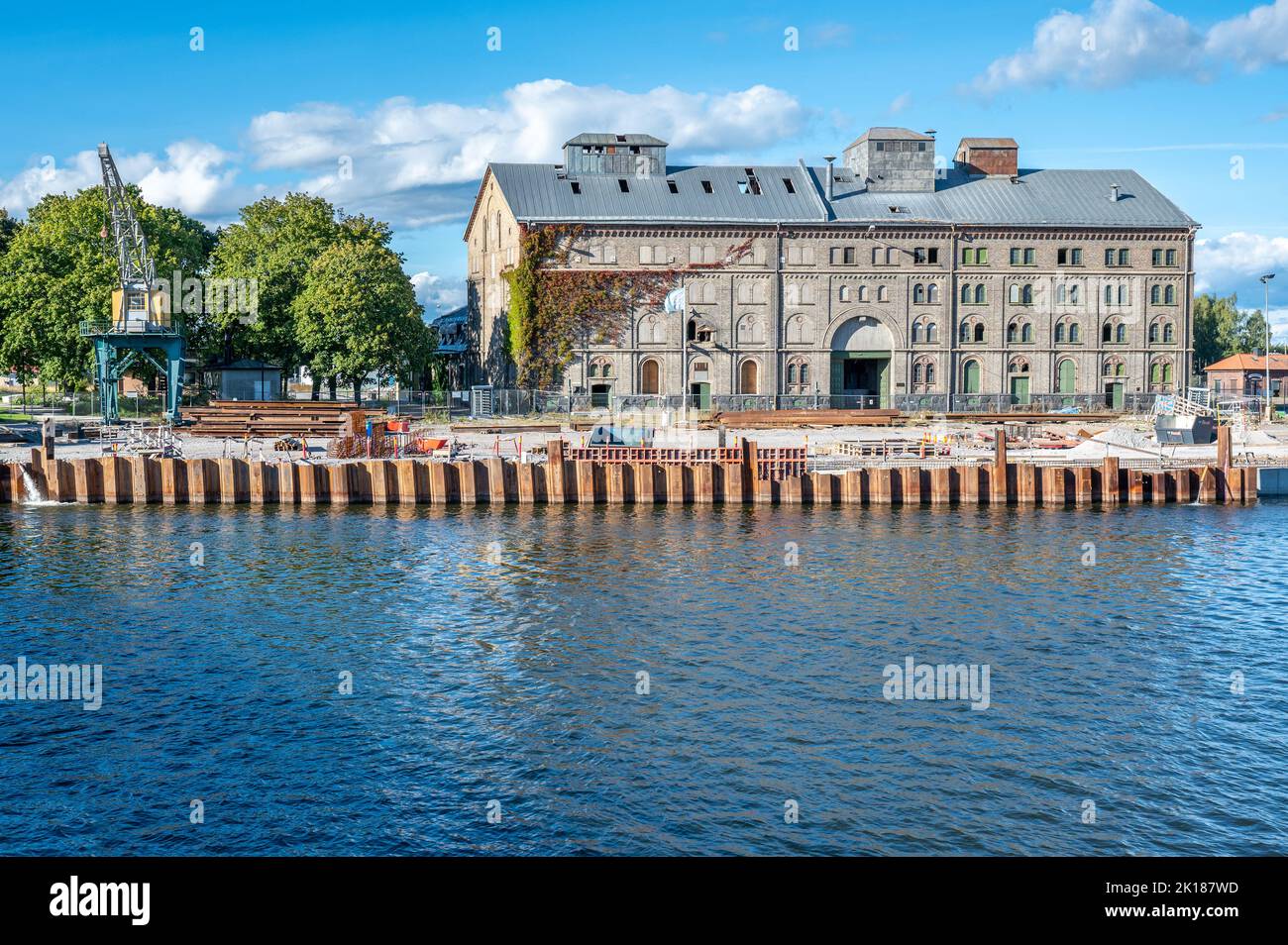 Norrköping harbor with the old mill Andreas kvarn. The industrial area ...