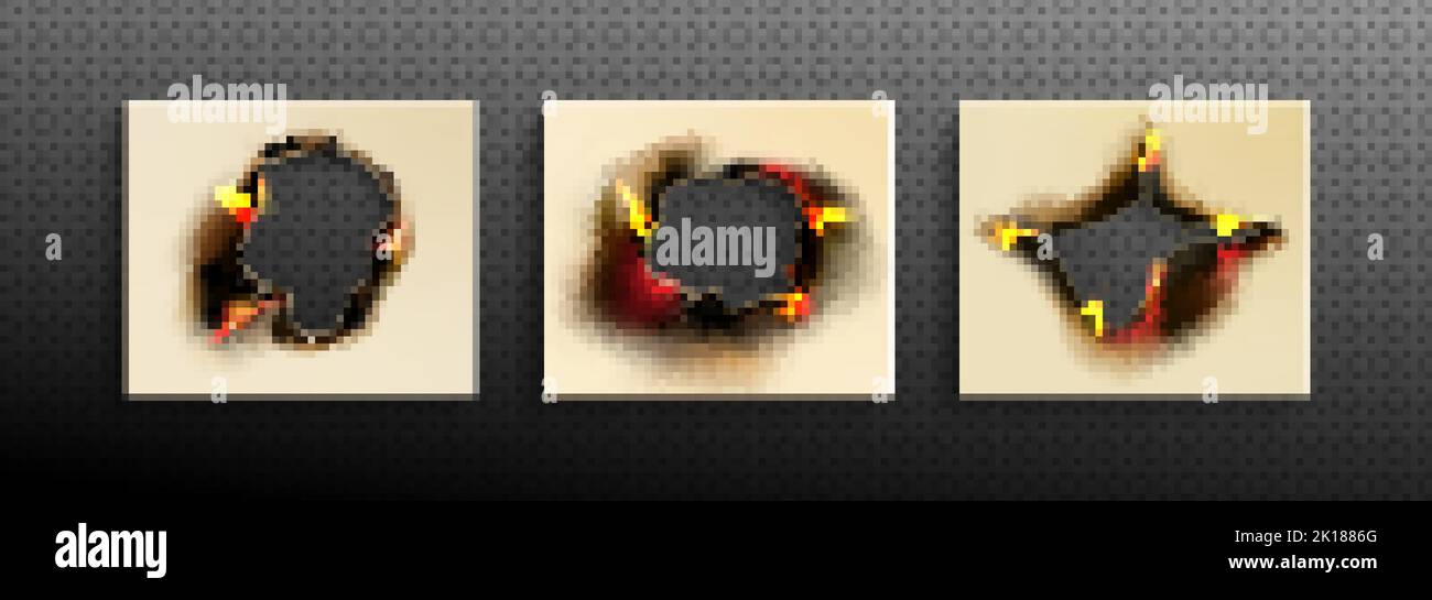 Burn holes on paper sheets, round borders with charred uneven edges ...