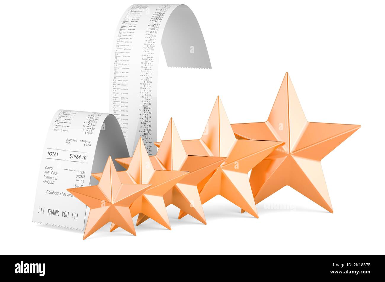 Printed receipt with five golden stars. 3D rendering isolated on white ...