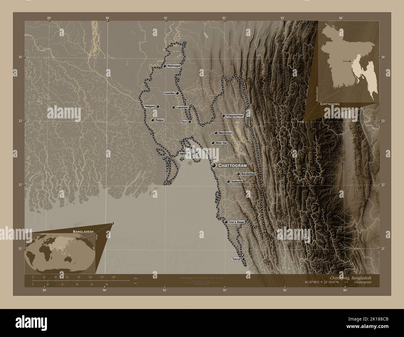 Chittagong, division of Bangladesh. Elevation map colored in sepia ...