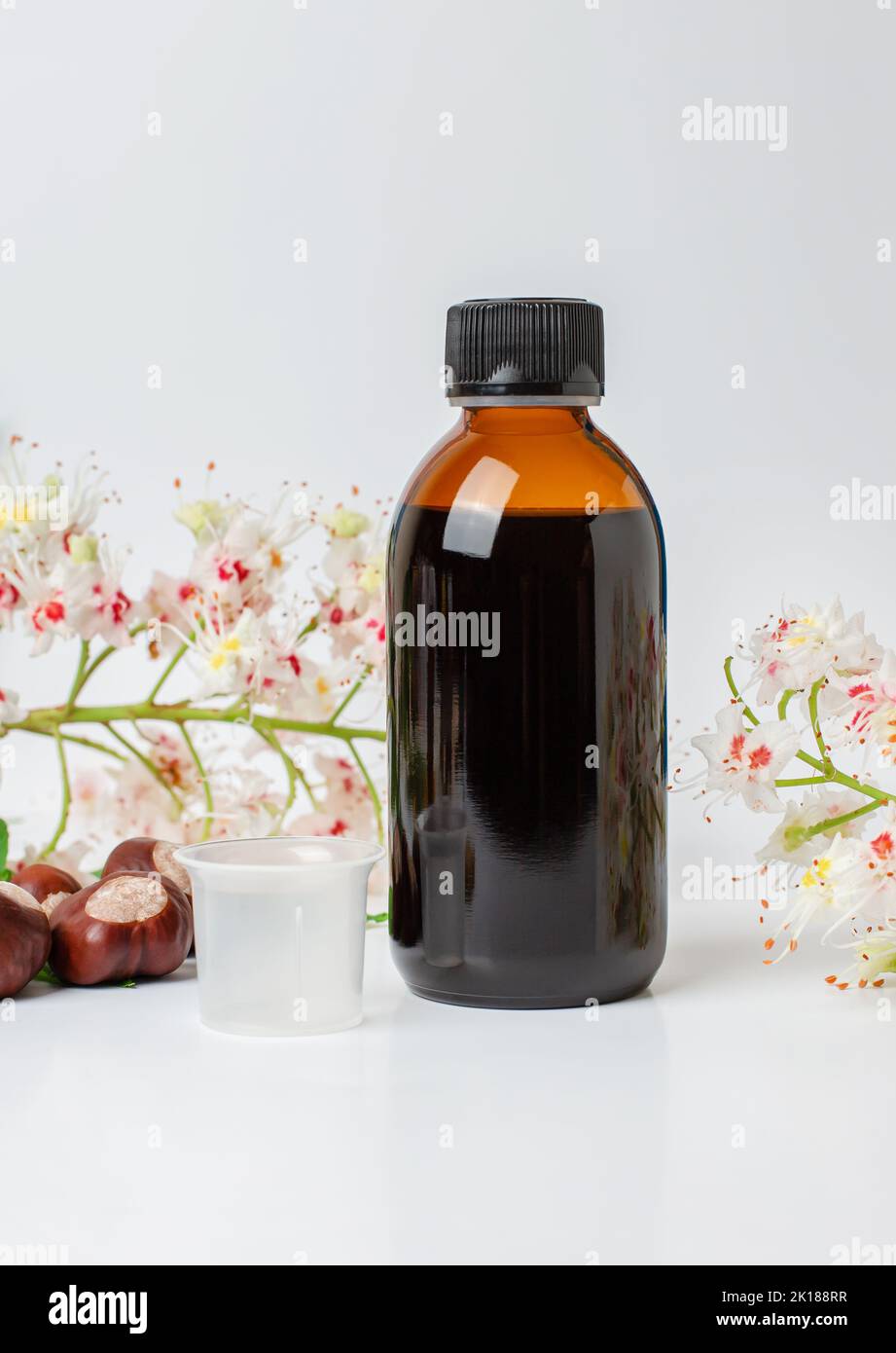 Bottle of horse chestnut extract, essence of chestnut flowers ...