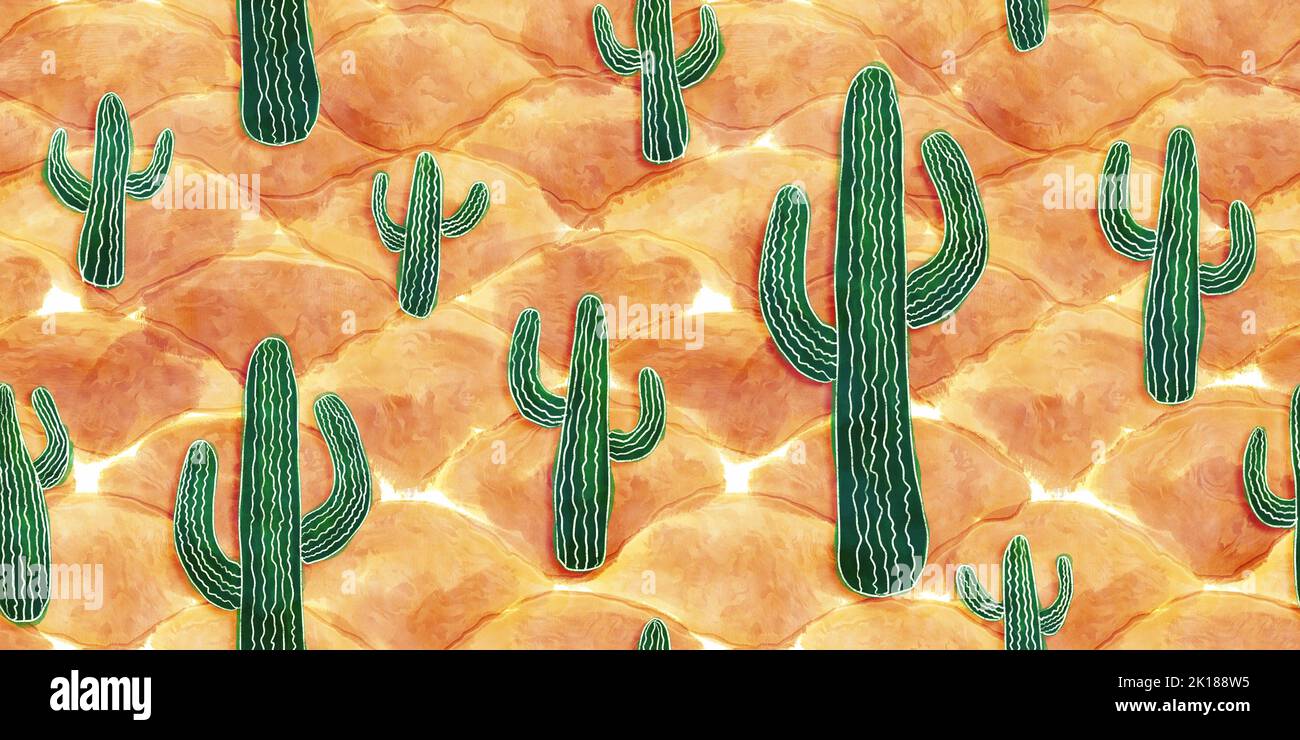 Seamless watercolor green succulent cactus on orange rolling desert ...