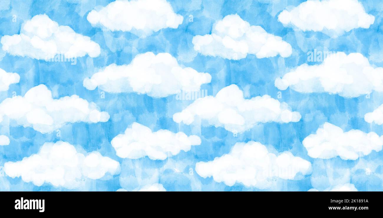 Seamless white puffy watercolor clouds on bright blue sky background ...
