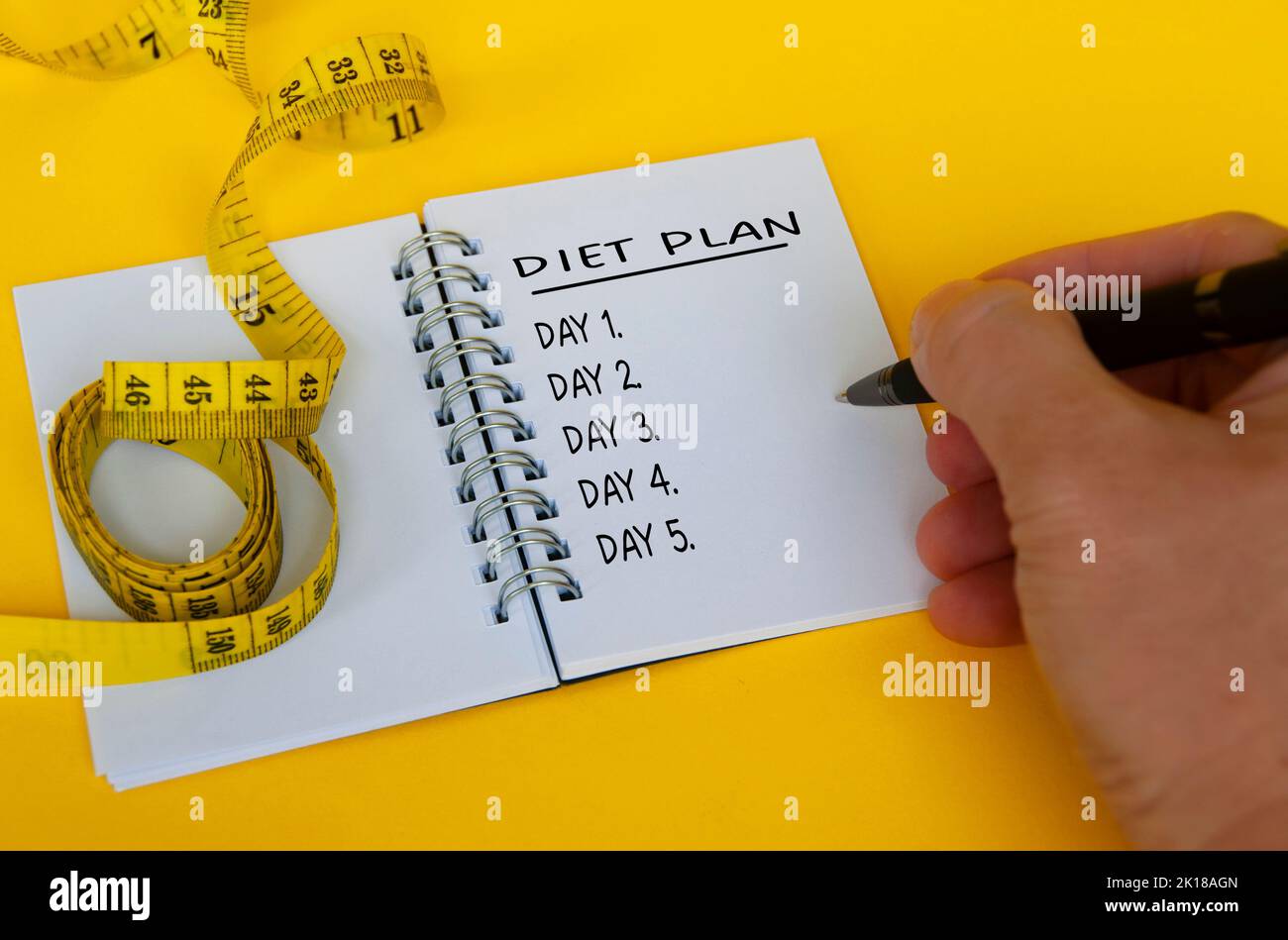 Diet plan text on white notepad with measuring tape on yellow ...