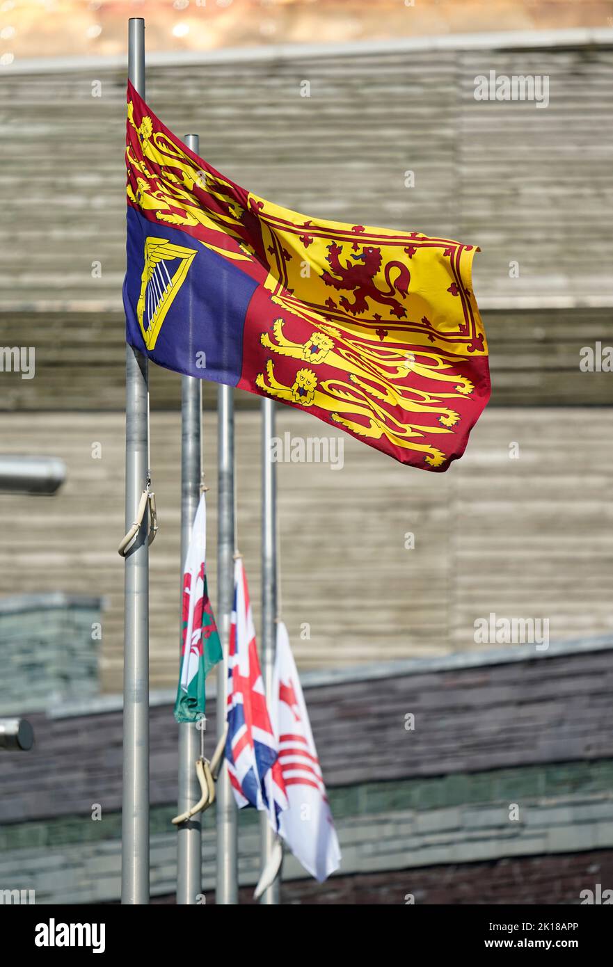 The Royal Standard flies outside the Senedd in Cardiff, during a visit ...