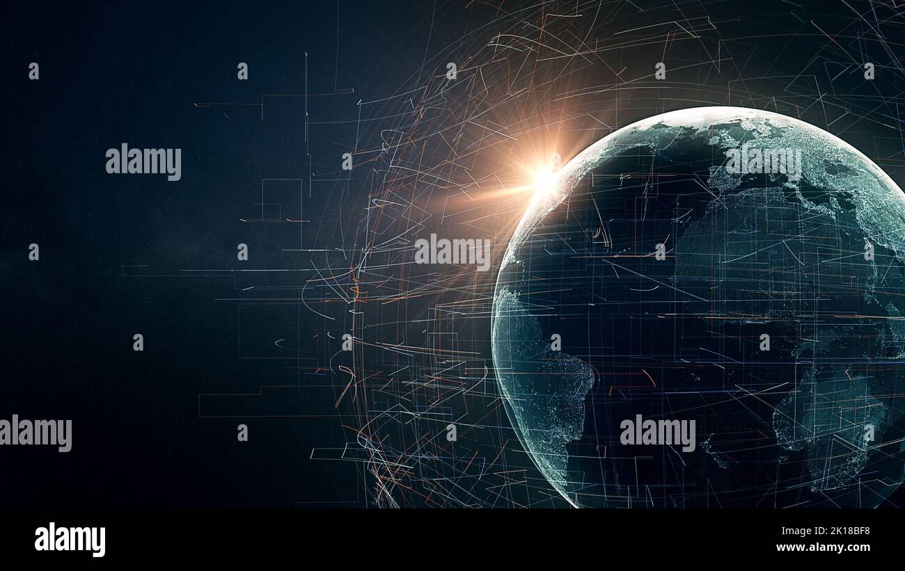 Earth globe in night time surrounded by digital noise, futuristic ...
