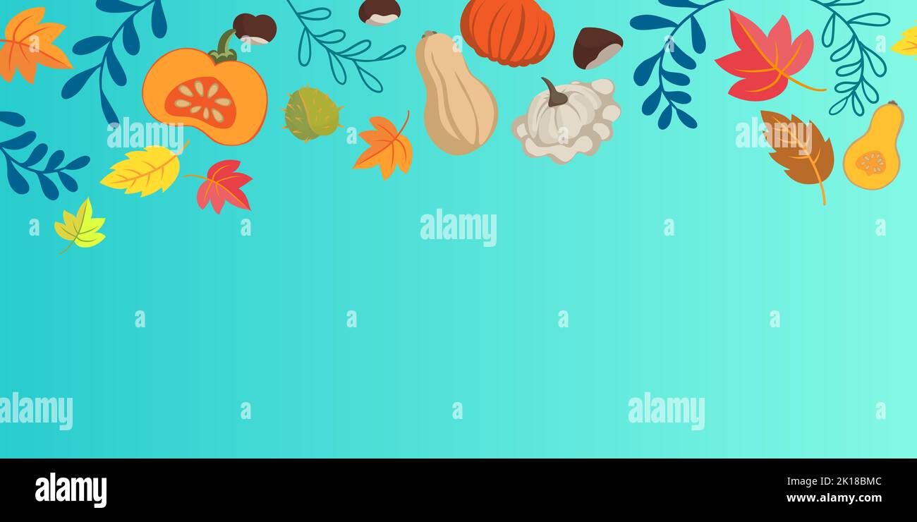 Autumn vegetables and leaves doodle background - flat design banner ...