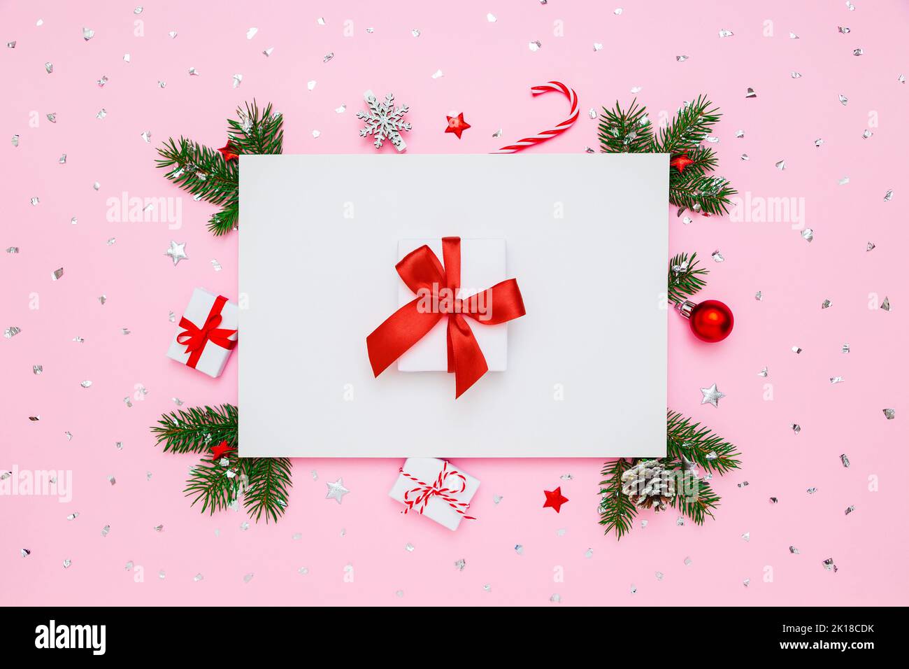 Christmas, New Year holiday layout. White gift box with red bow in ...