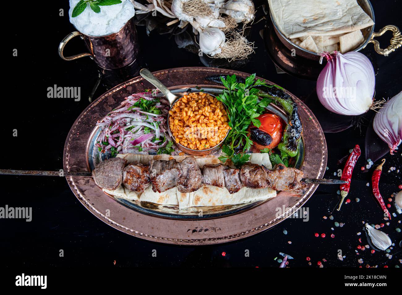 Traditional Turkish cuisine Lamb skewers on a barbecue skewer, grilled ...