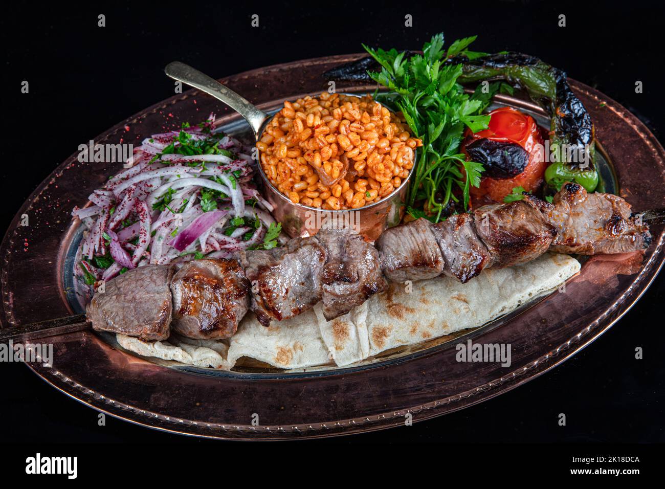 Traditional Turkish cuisine Lamb skewers on a barbecue skewer, grilled ...