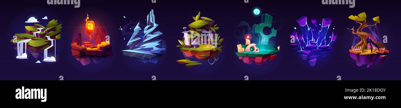 Floating islands set, flying game platforms rock with ice, lava ...