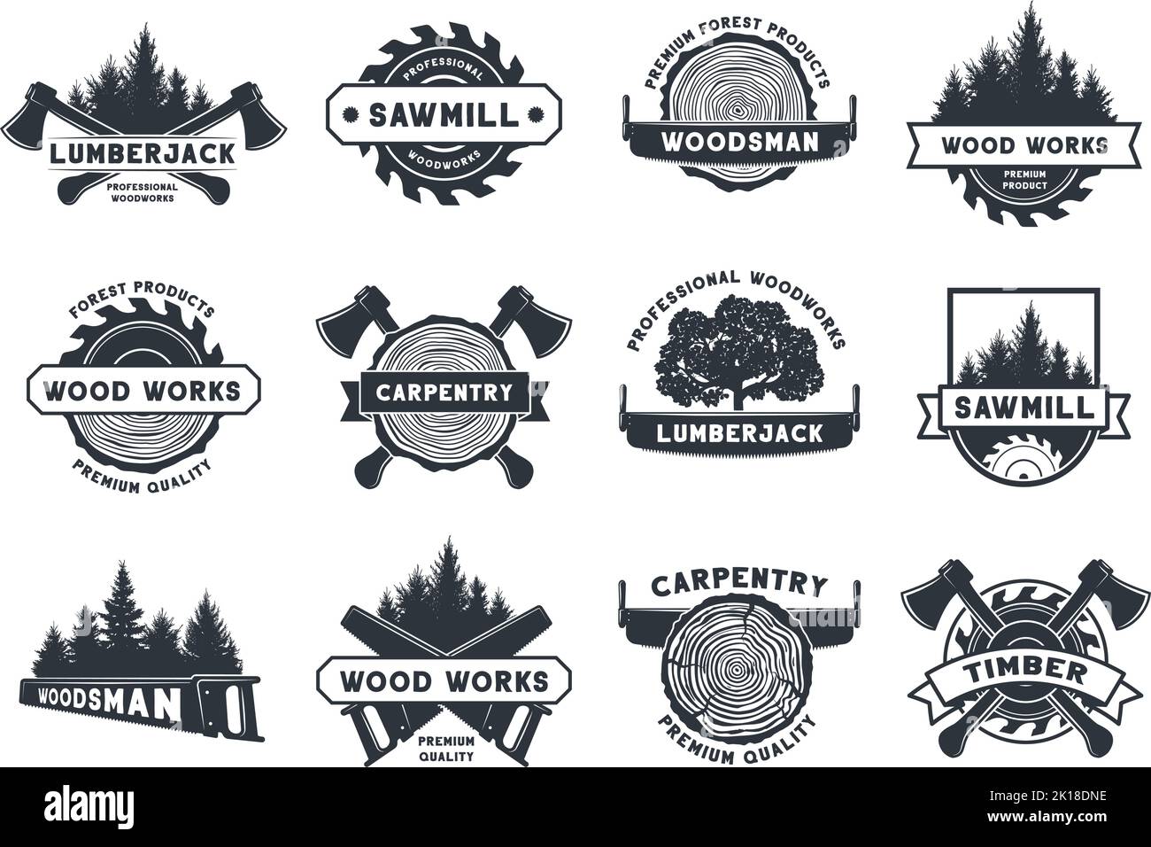 Wood works badge. Lumberjack, sawmill and carpentry emblems. Trees ...