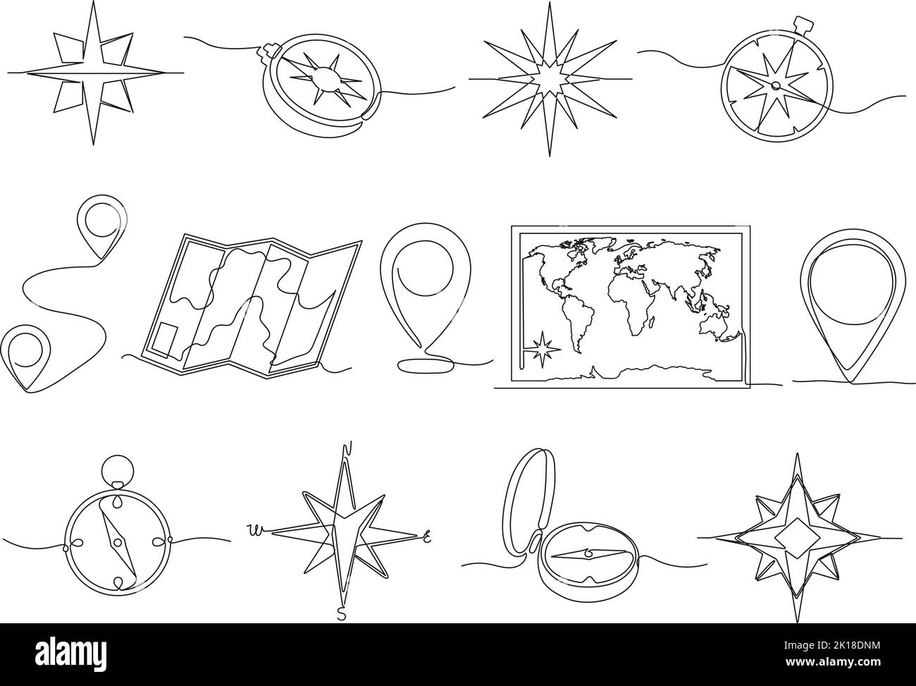 One line location. Hand drawn travel compass, journey route map and pin ...
