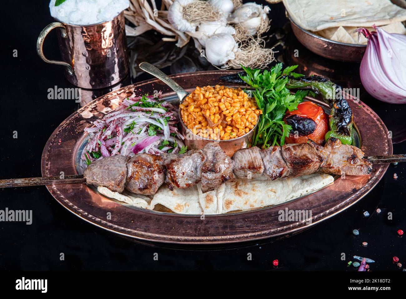 Traditional Turkish cuisine Lamb skewers on a barbecue skewer, grilled ...