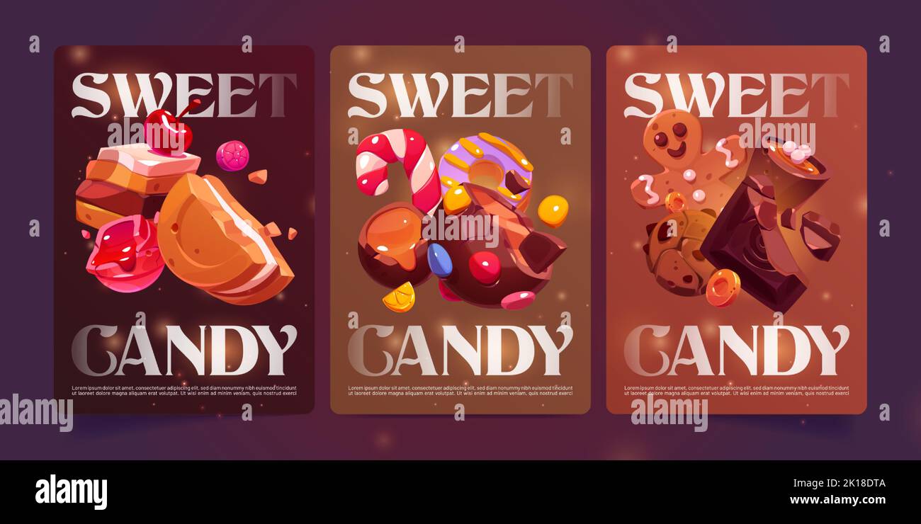 Sweet candy cartoon posters with bakery desserts, chocolate, sweets ...