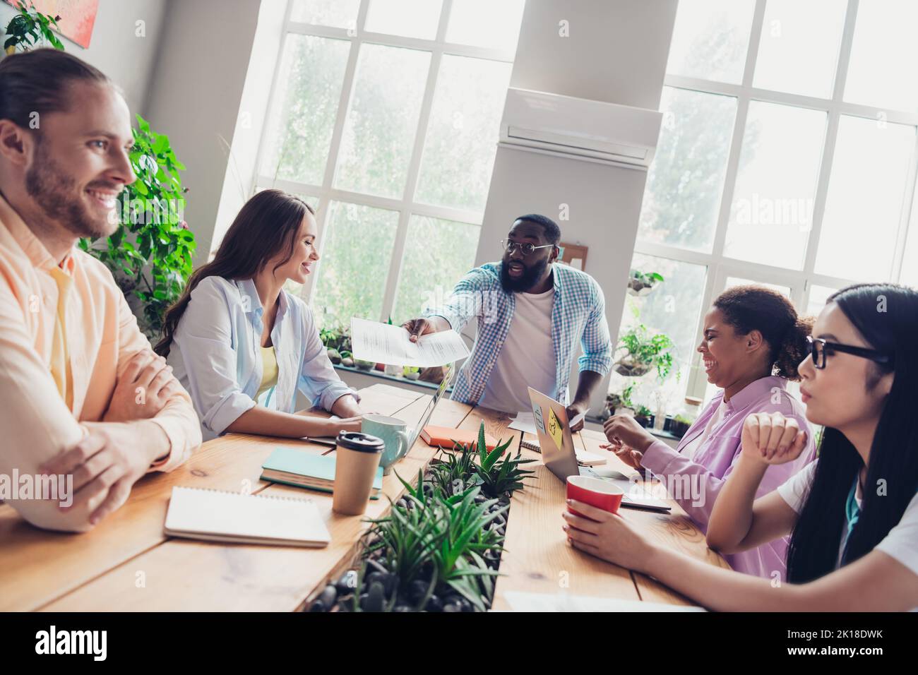 Photo of busy shocked businesspeople hawing meeting boss shouting ...