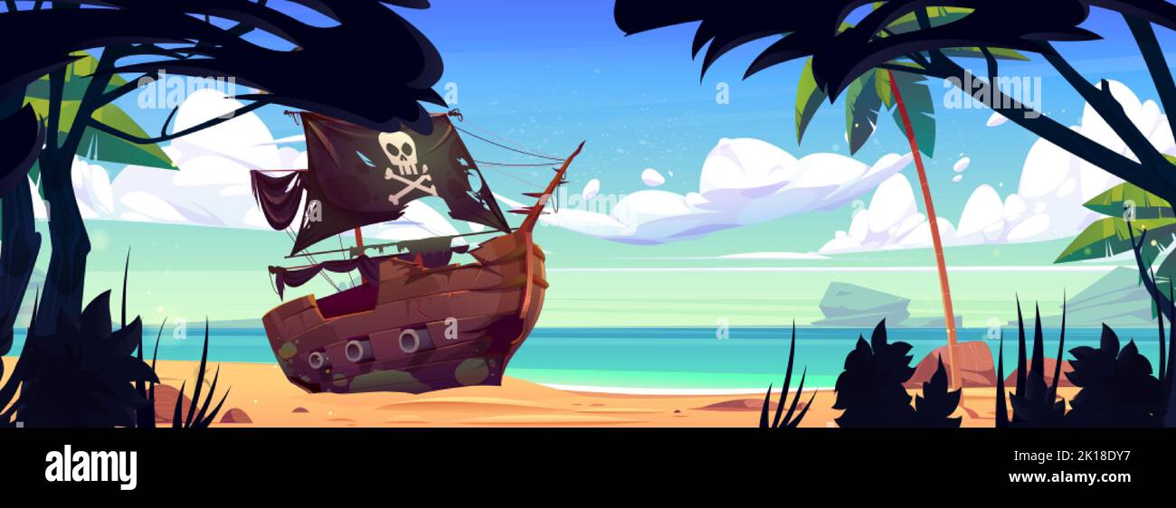 Pirate ship on tropical island sea beach with palm trees and vines. Old ...