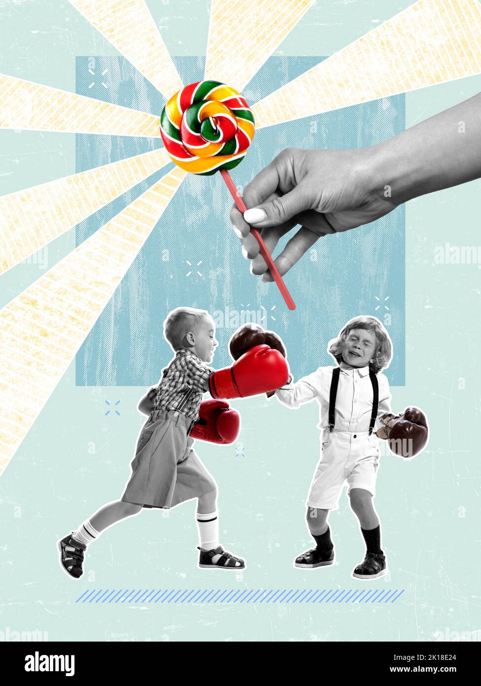 Little boys, kids boxing. Contemporary art collage. Concept of retro ...