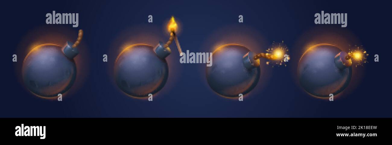 Black bomb balls with burning fuse and match with fire, explosive ...