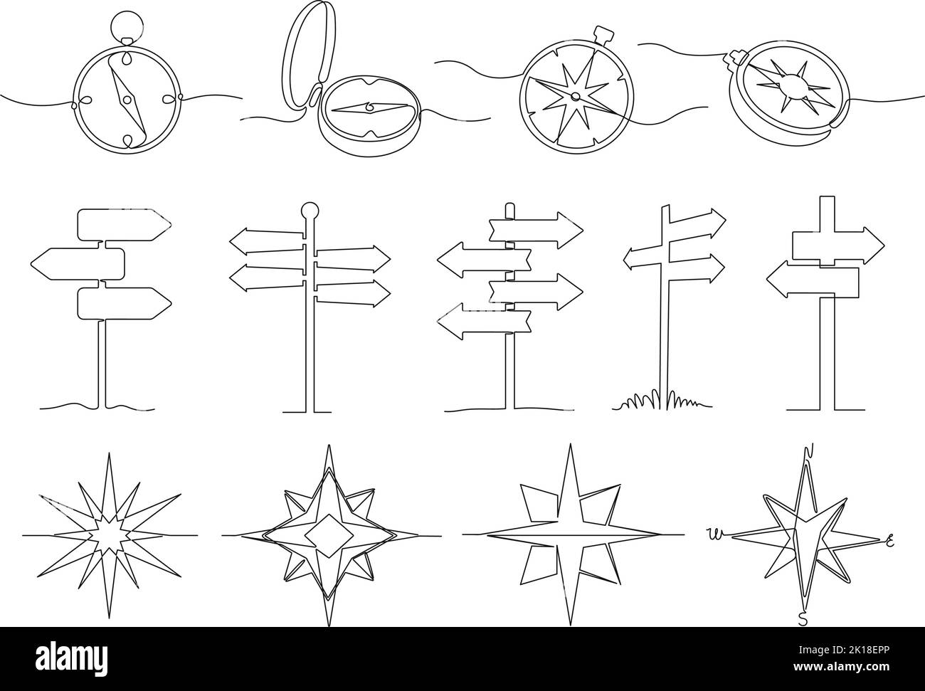 One line way direction. Journey navigation sign, traveller compass and ...