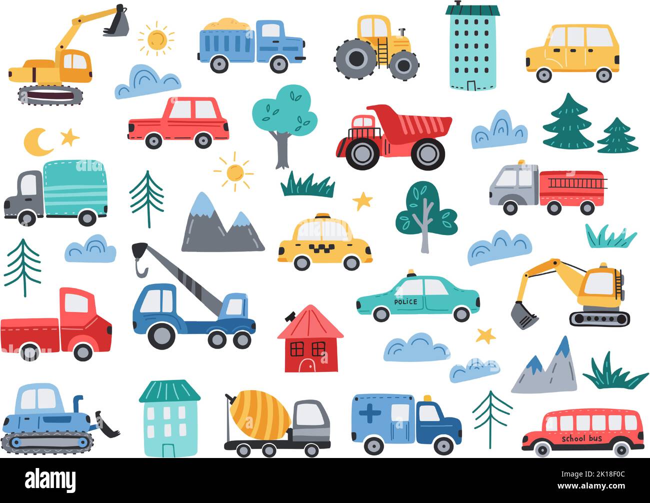 Cute cars. Construction vehicles and city transport. Hand drawn simple ...
