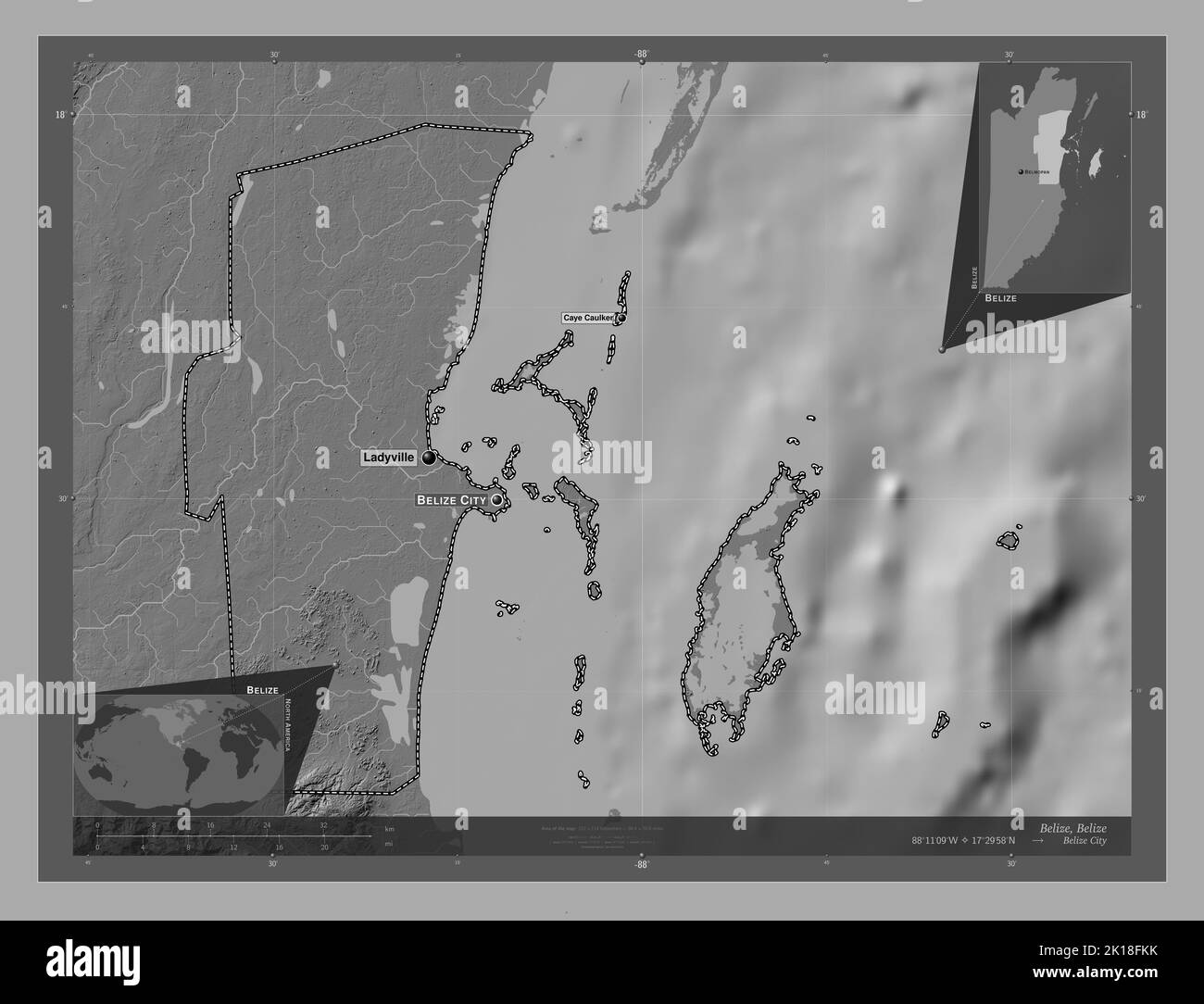 Belize, district of Belize. Bilevel elevation map with lakes and rivers ...