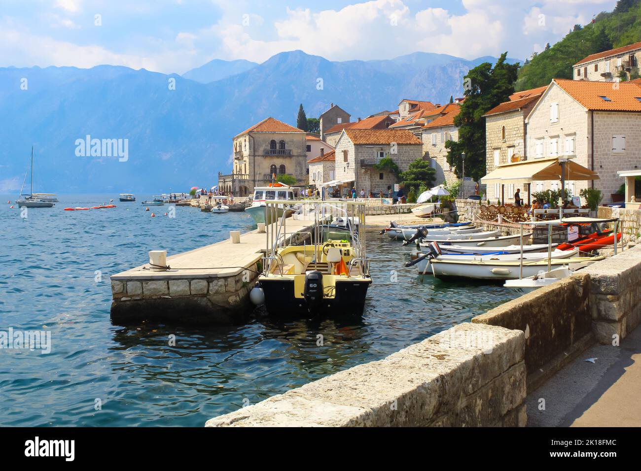 Scenic panorama view of the historic town of Perast at famous Bay of ...