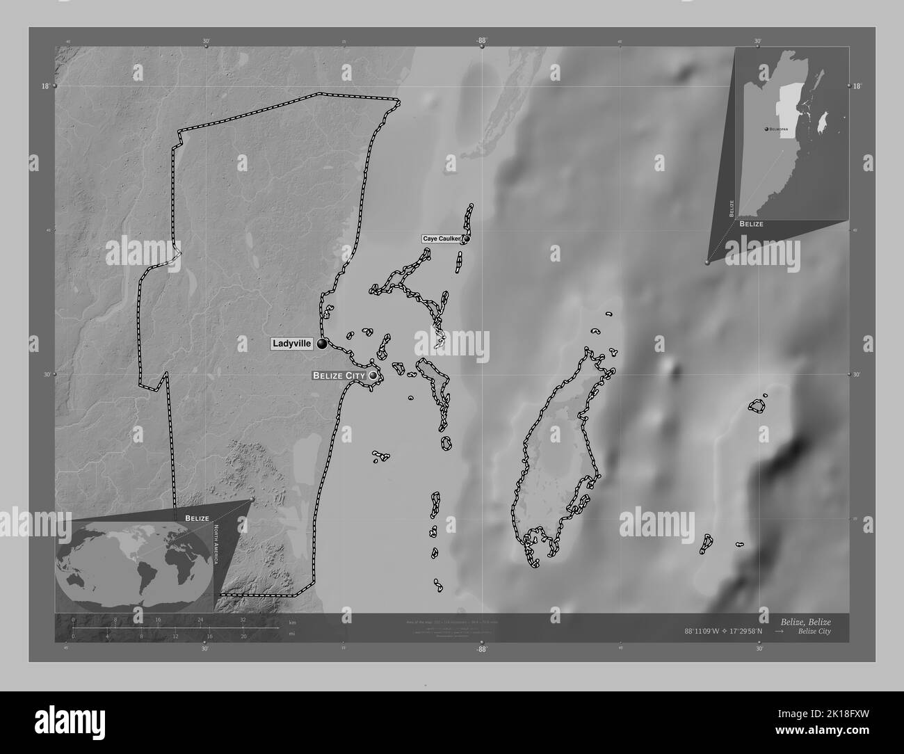 Belize, district of Belize. Grayscale elevation map with lakes and ...