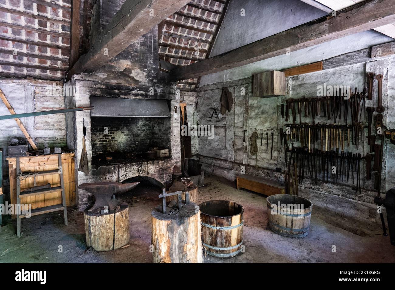 Inside the blacksmith workshop inDen Gamle By, outdoor museum in Aarhus ...