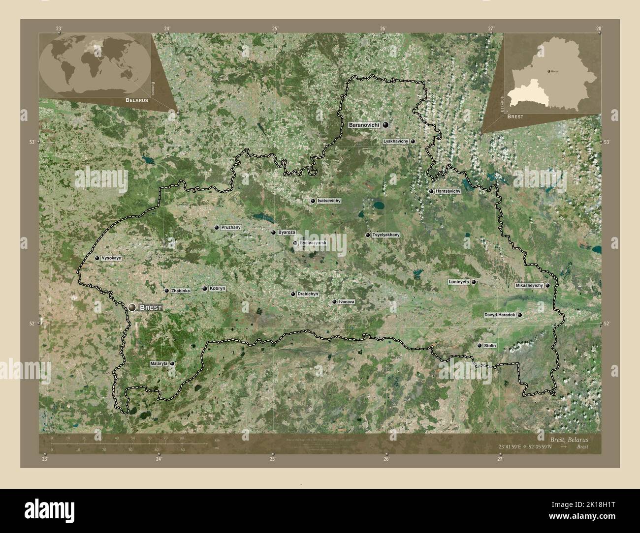 Brest, region of Belarus. High resolution satellite map. Locations and ...