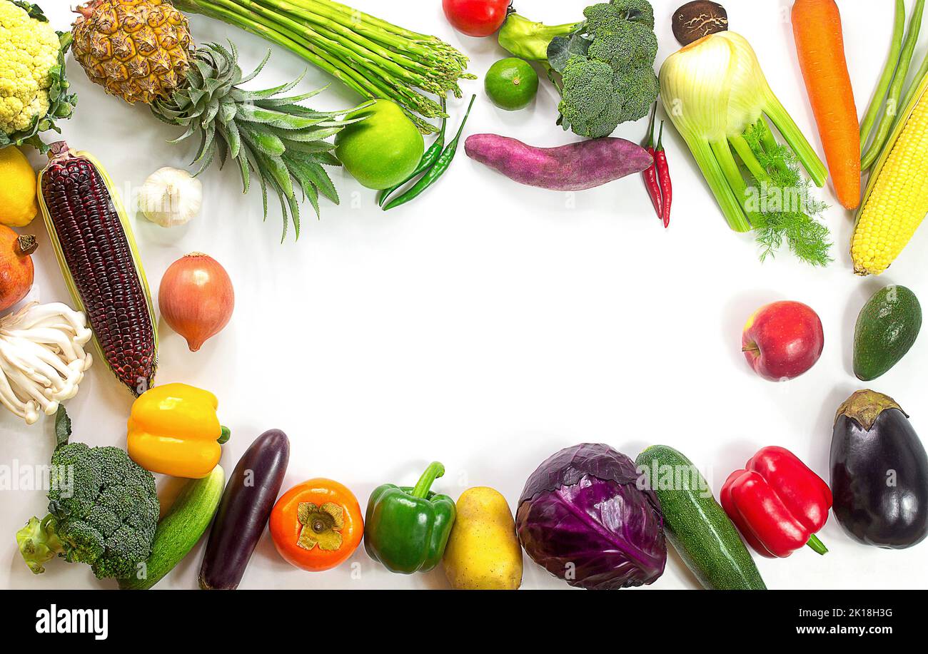 Fresh vegetables and fruits isolated on white background with copy ...