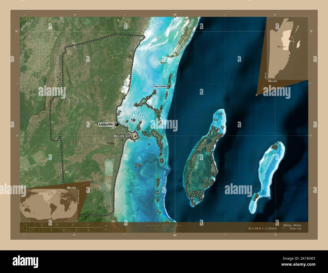 Belize, district of Belize. Low resolution satellite map. Locations and ...