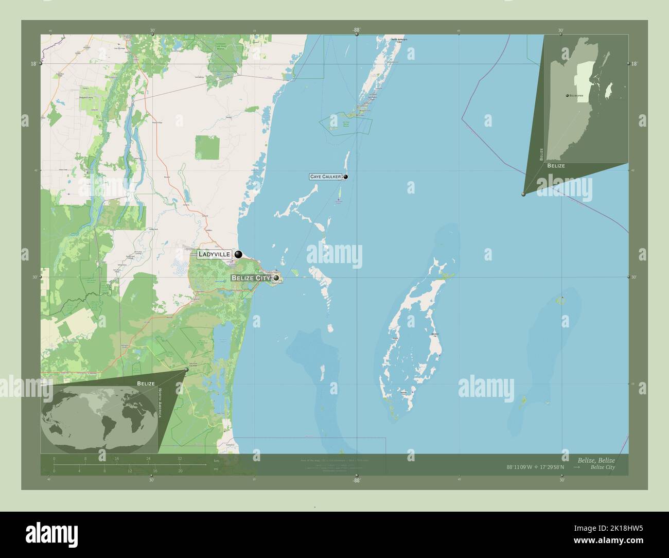 Belize, district of Belize. Open Street Map. Locations and names of ...
