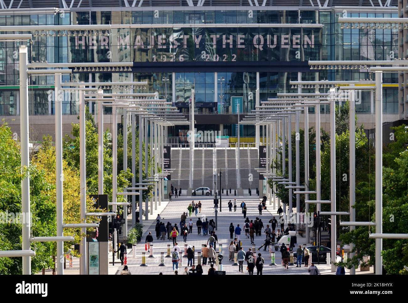 A tribute to Queen Elizabeth II is displayed at Wembley Stadium, London ...