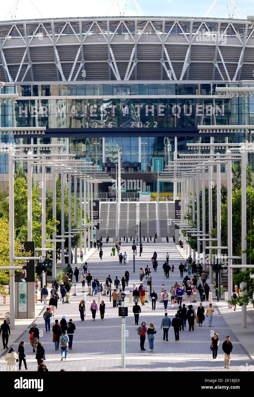 A tribute to Queen Elizabeth II is displayed at Wembley Stadium, London ...