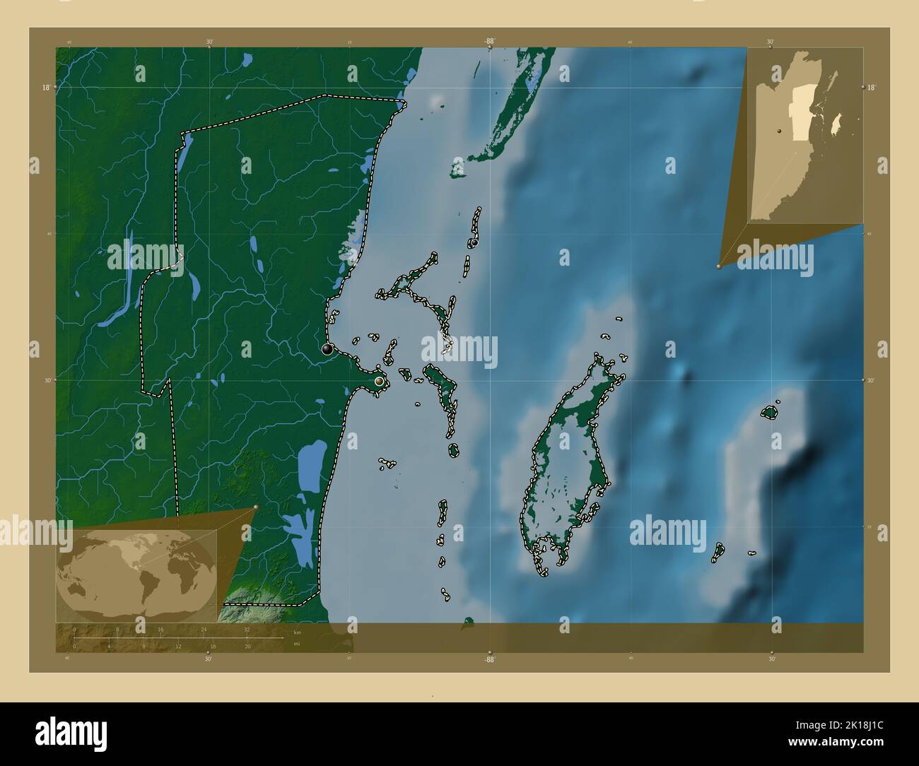 Belize, district of Belize. Colored elevation map with lakes and rivers ...