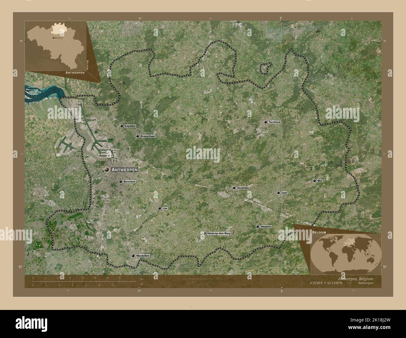 Antwerpen, province of Belgium. Low resolution satellite map. Locations ...