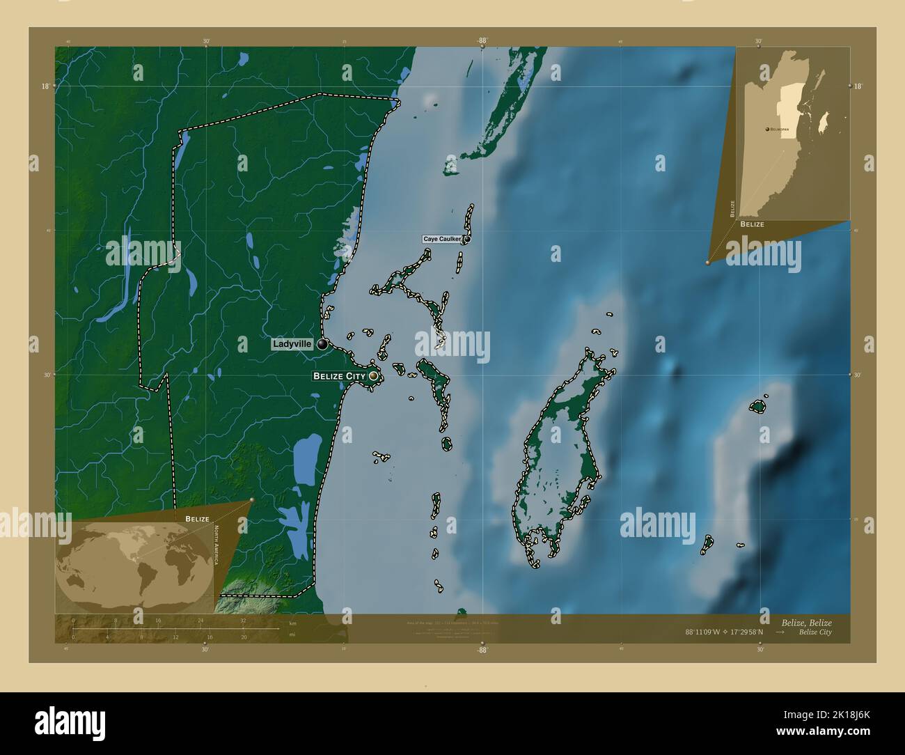 Belize, district of Belize. Colored elevation map with lakes and rivers ...